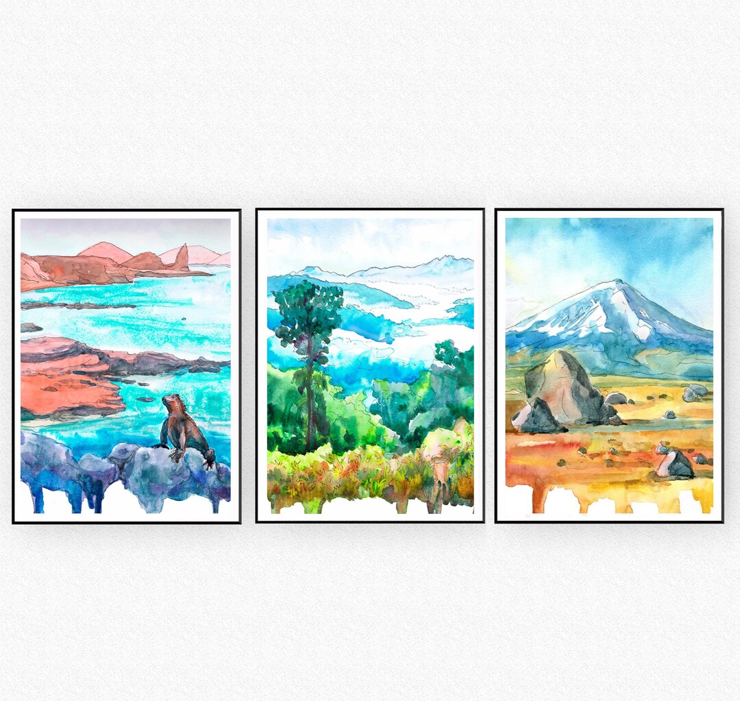 Ecuador Art Set of 3 Prints Watercolor Landscape Painting, Volcano ...