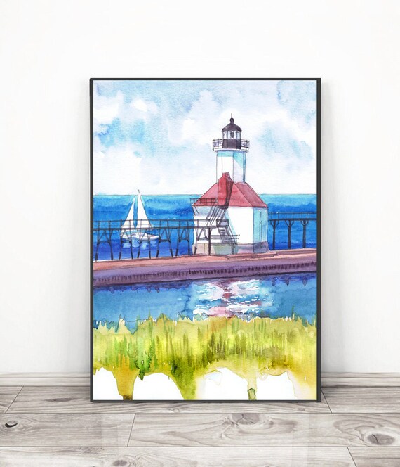 Lighthouse Painting Lake Michigan Art Print St Joseph North - Etsy