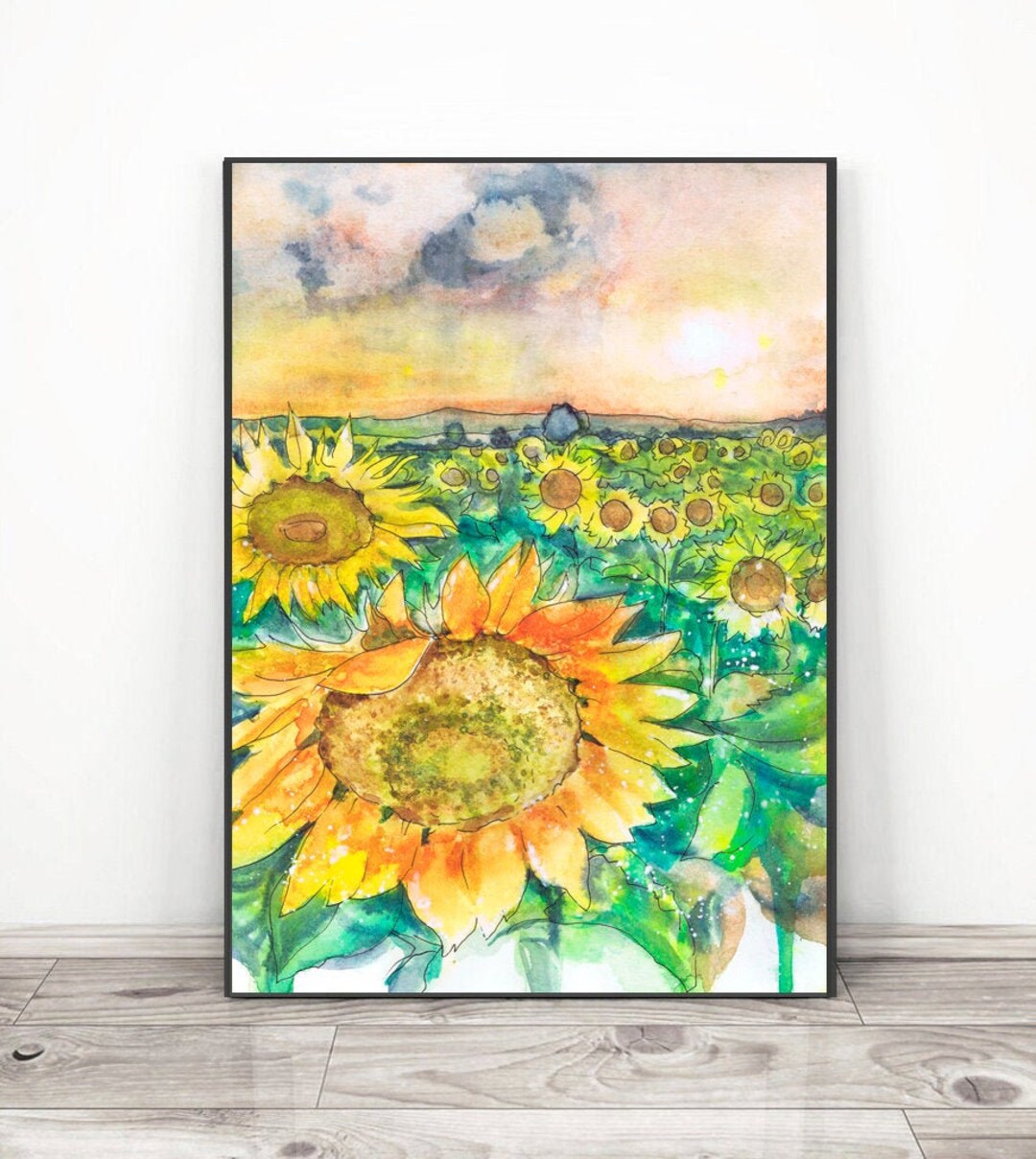 Sunflower Art , Sunset Fields Watercolor Painting, Sunrise Print, Lake ...
