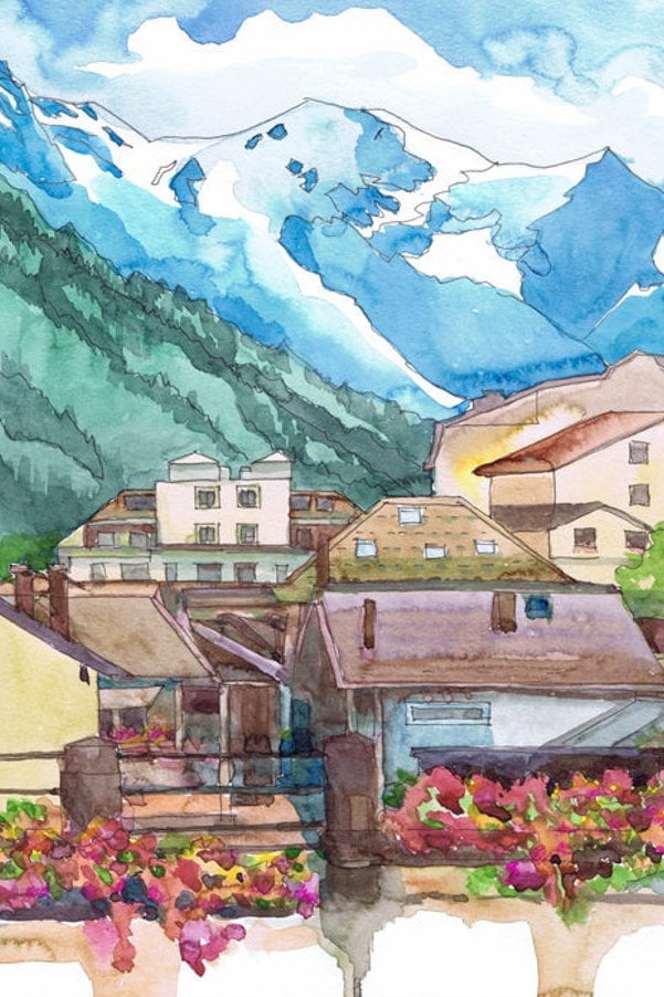 Mont Blanc Mountain Wall Art, Chamonix Watercolor Painting Print ...