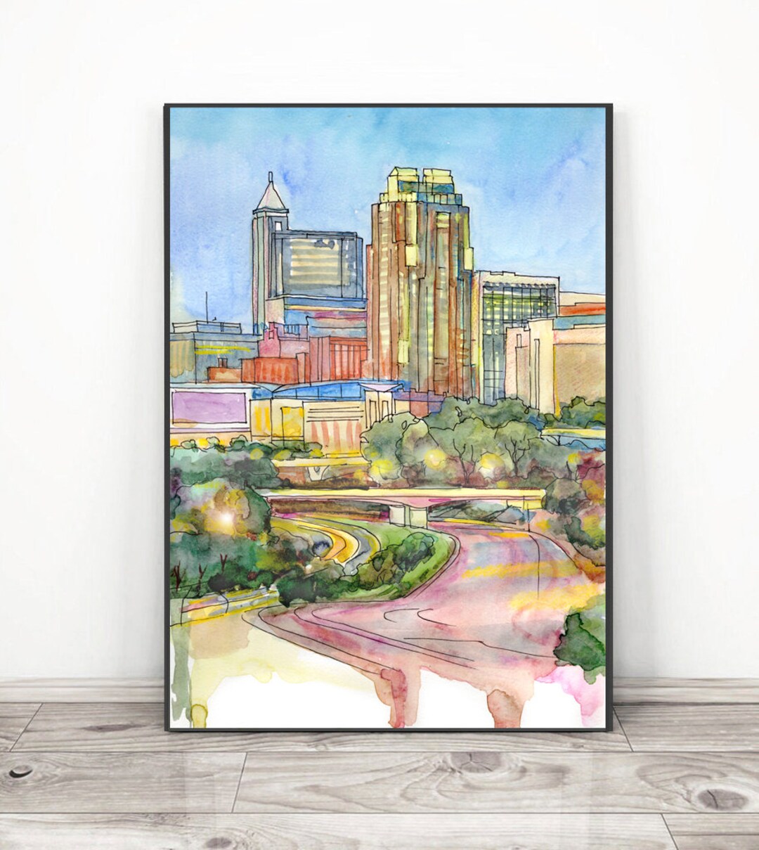 Raleigh NC Art Print City Skyline, Watercolor Painting Landscape Print ...