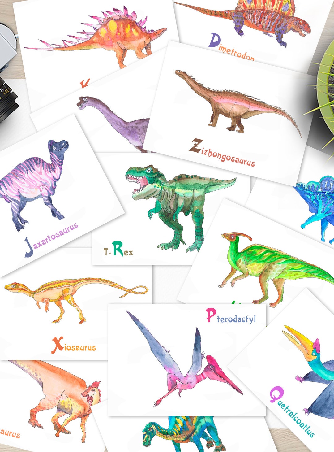 Dinosaur Flash Cards: Watercolor Alphabet Prints, ABC Nursery Decor - Etsy