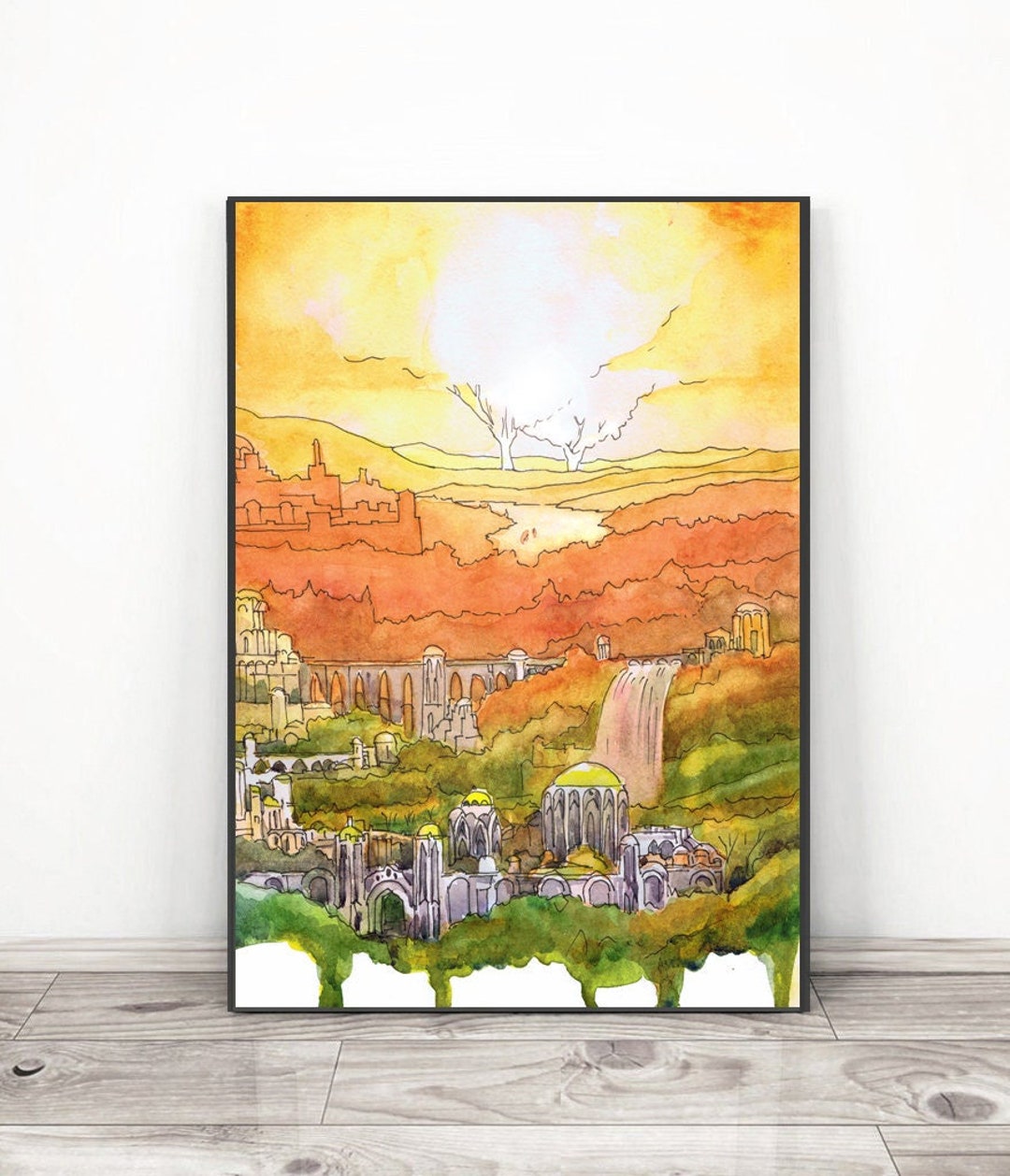 Fantastic City of Elves Watercolor Art Print Valinor - JRR Posters ...