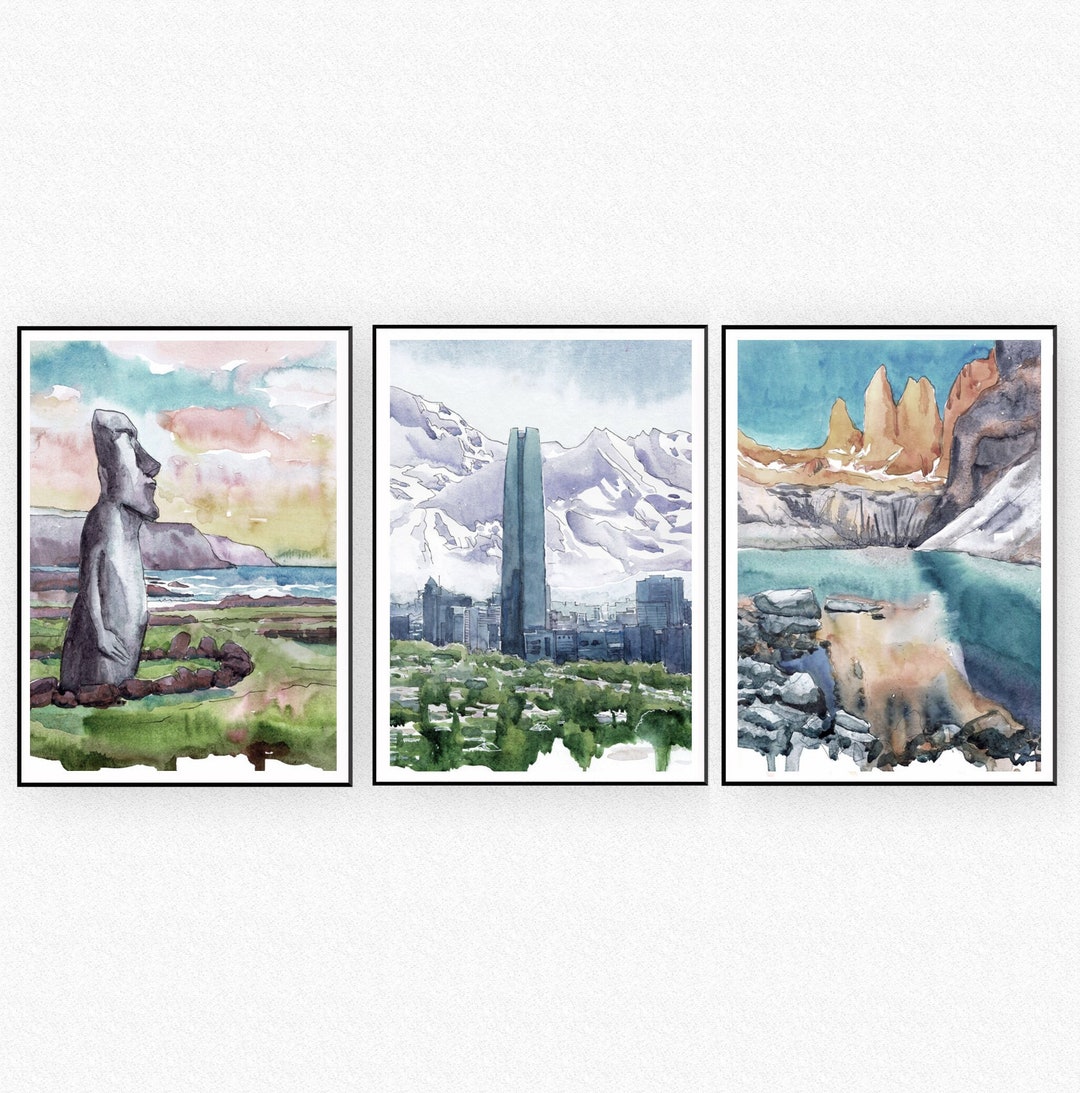 Chile Art, Set of 3 Prints Watercolor Landscape Painting, Torres Del ...