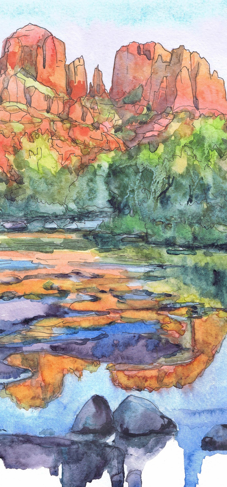 Sedona Arizona Art Watercolor Painting Print Cathedral Rock - Etsy