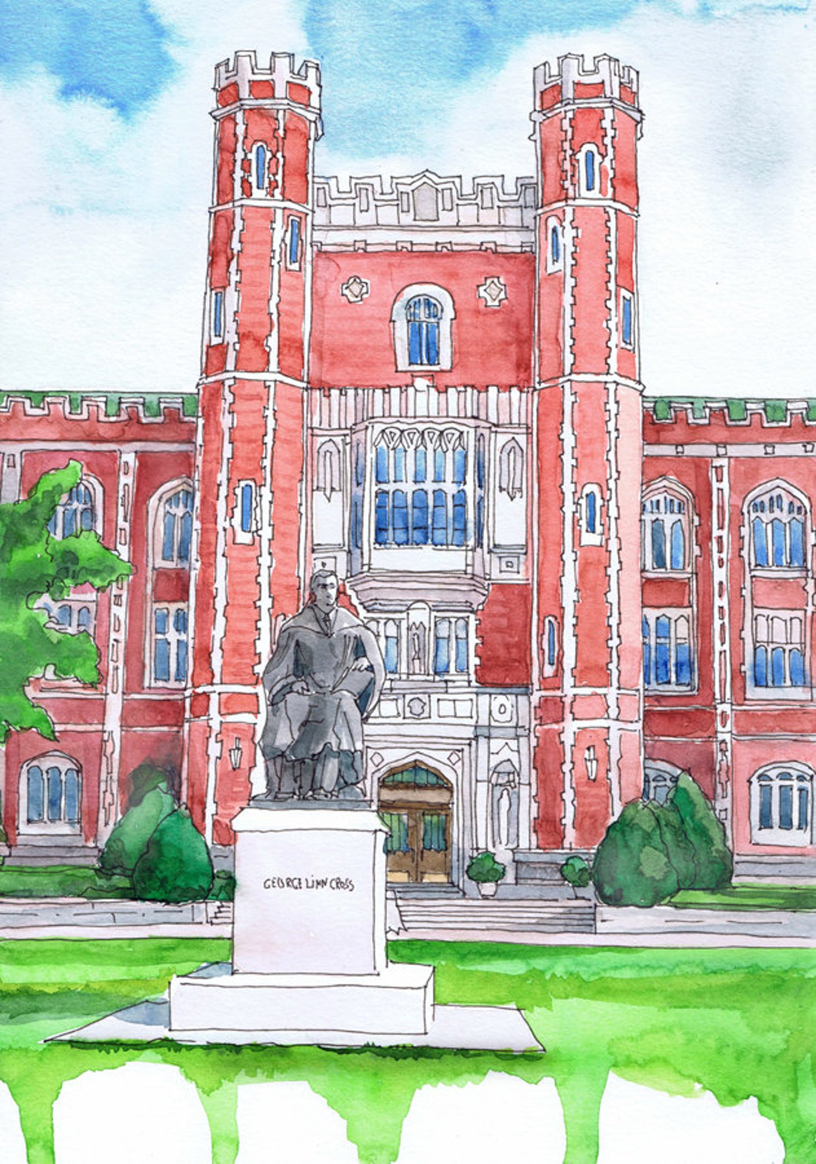 University of Oklahoma Art Print Watercolor Painting Norman - Etsy