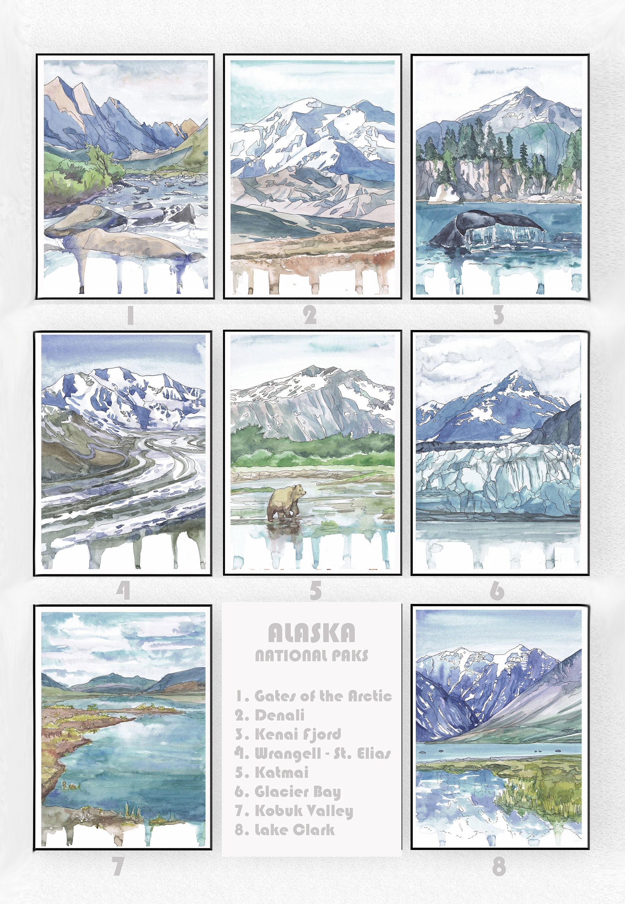 Alaska National parks Set of 3 Prints Watercolor Painting | Etsy