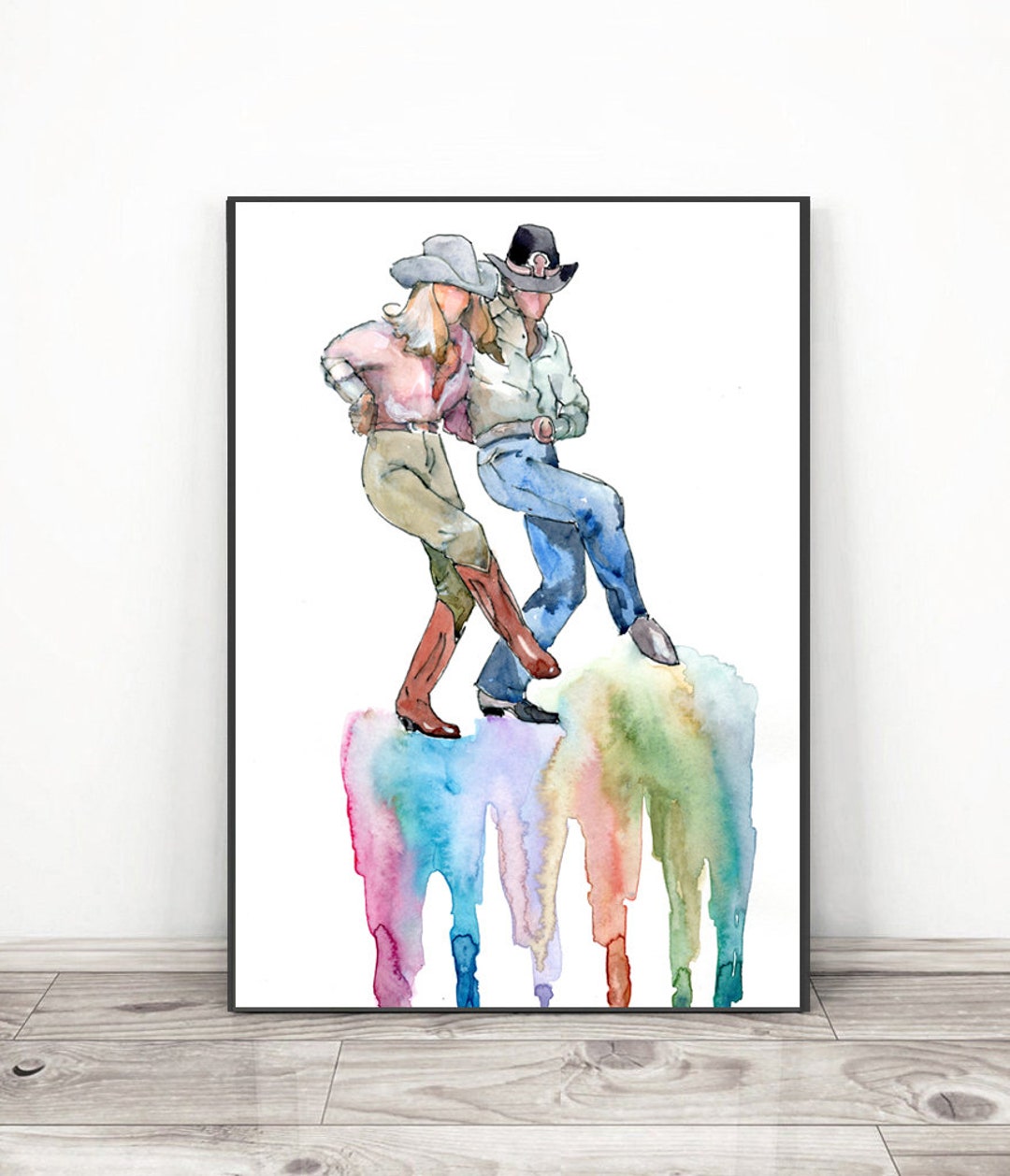 Country Dance Art Print, Cowboy Dancing Watercolor Painting Wall Art ...
