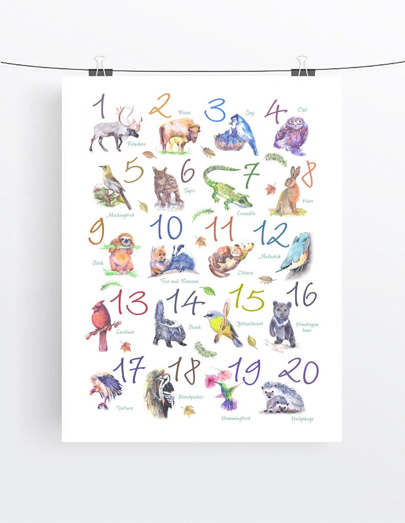 Woodland Animals Numbers Poster Watercolor Nursery Art | Etsy