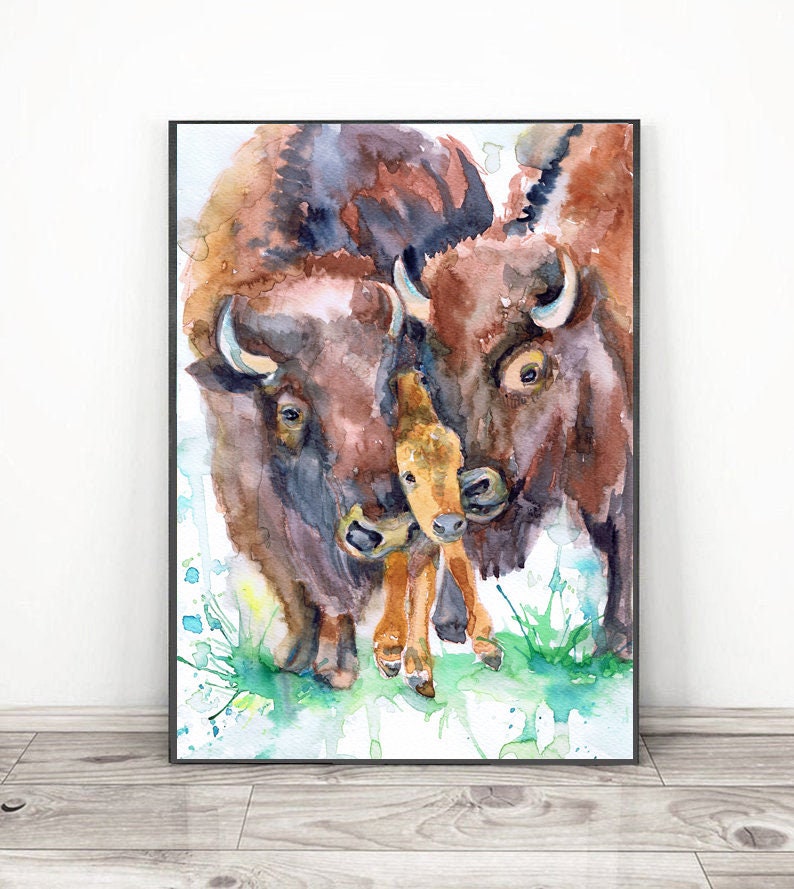 Bison Painting Buffalo Watercolor Art Print Animal Family - Etsy
