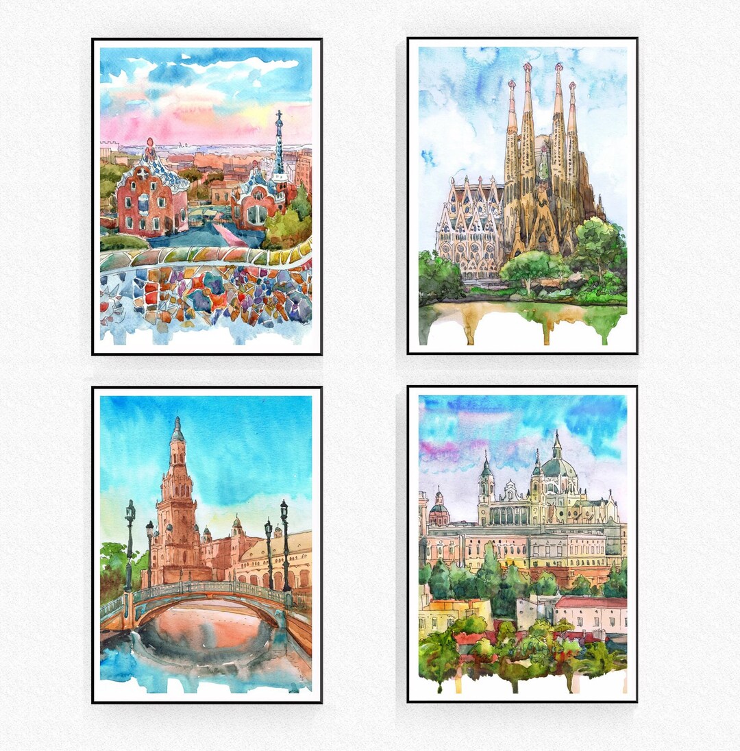 Spanish Art Prints Set of 4, Spain Wall Art Watercolor Painting ...