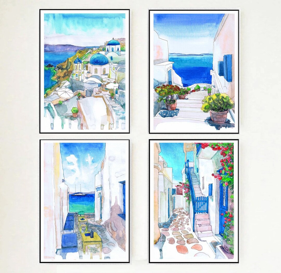 Greek Islands Prints Set of 4, Santorini Print, Greek Art Print Greece ...