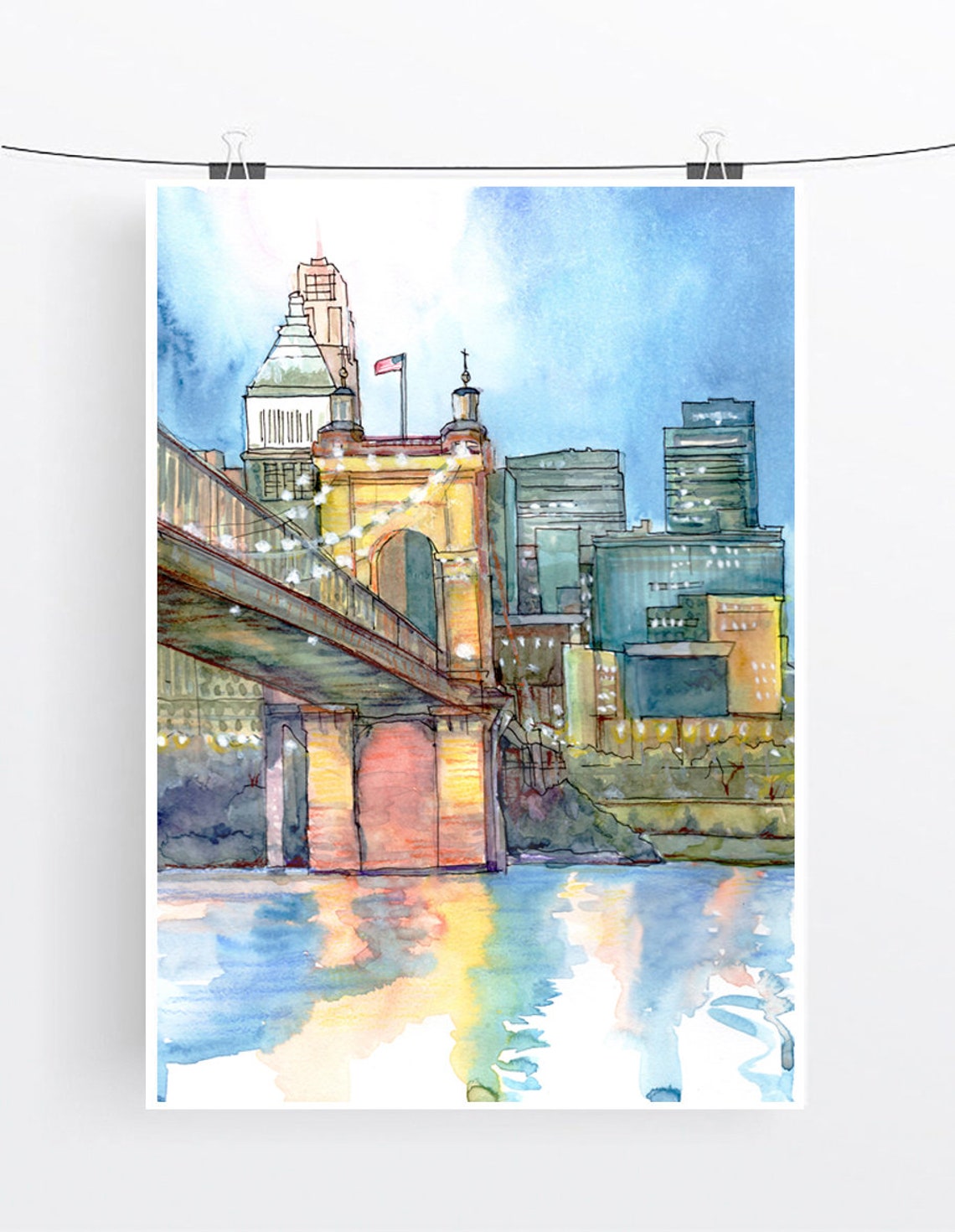 Cincinnati Skyline Wall Art Print Watercolor Painting | Etsy