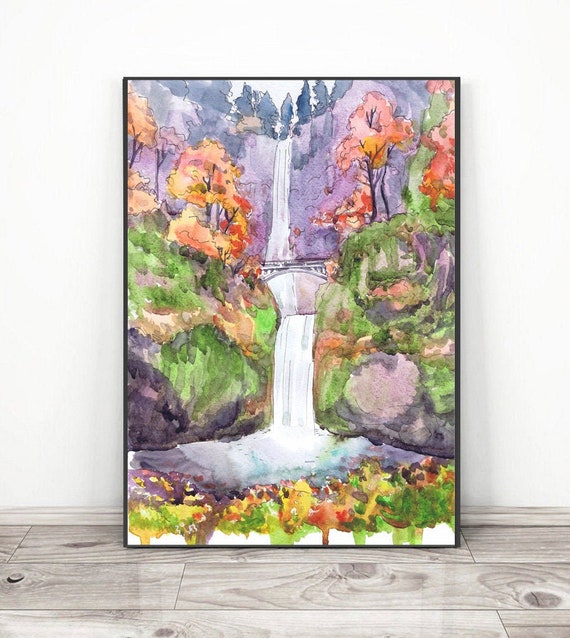Multnomah Falls Waterfall Art Print Watercolor Painting - Etsy