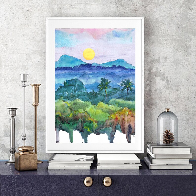 Costa Rica Art Sunset Landscape Watercolor Painting Palm - Etsy