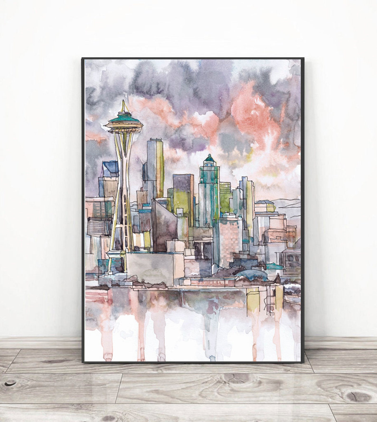 Seattle Wall Art, Skyline Watercolor Painting Print, Landscape Sunset ...