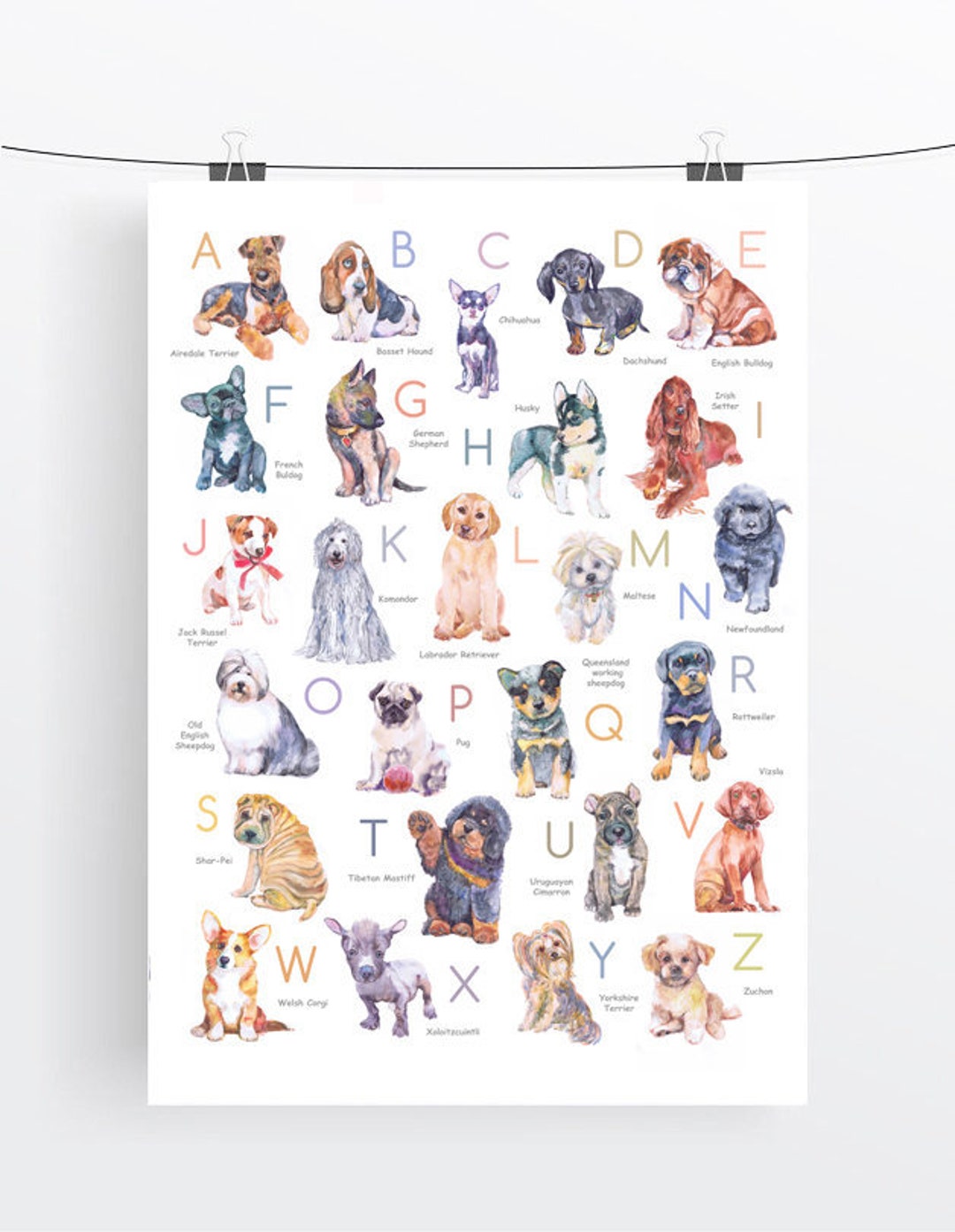 Dog Alphabet Poster ABC Animals Watercolor Alphabet Nursery Art ...