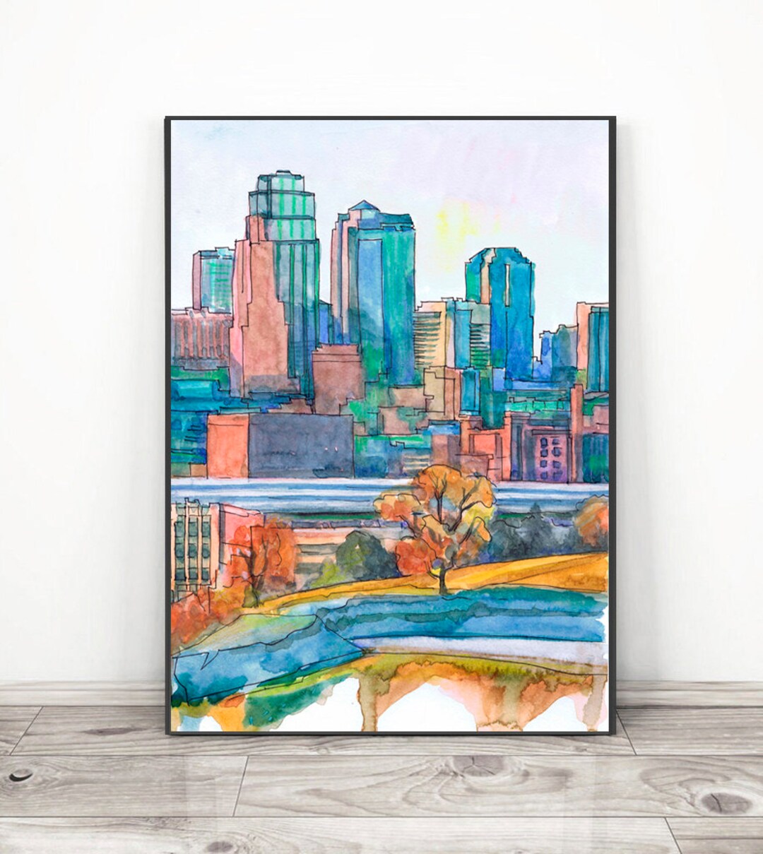 Kansas City MS Skyline Art, Watercolor Painting Print, Missouri ...