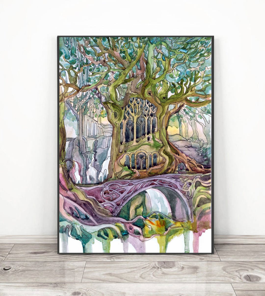 Fantasy Art Elven Forest Painting : Mirkwood Watercolor City of Elves ...