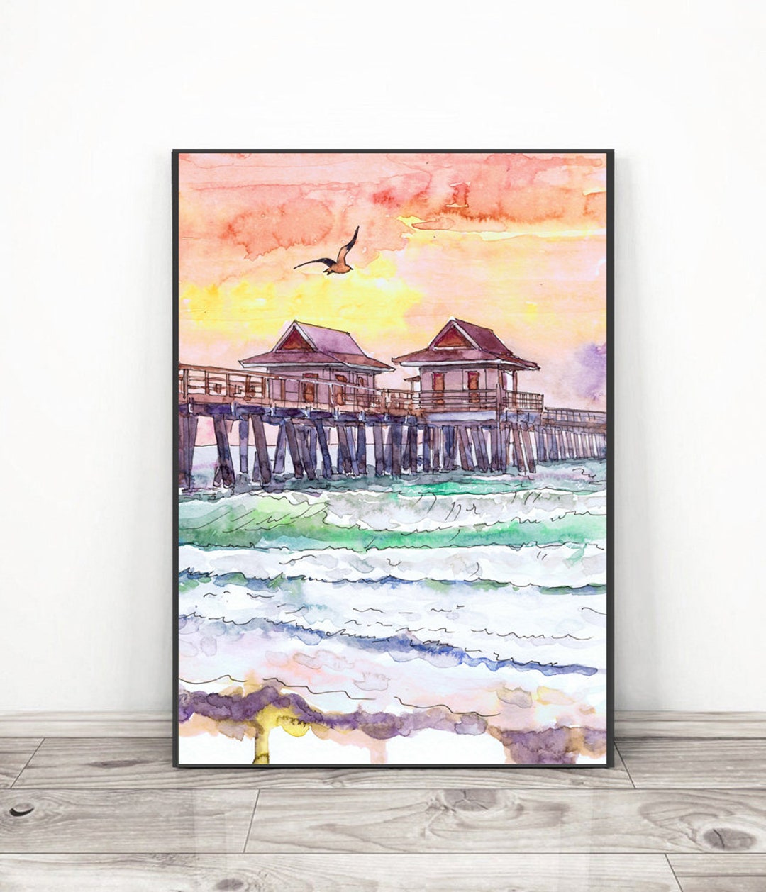 Naples Florida Art Beach Pier Sunset Seascape Print, Watercolor ...
