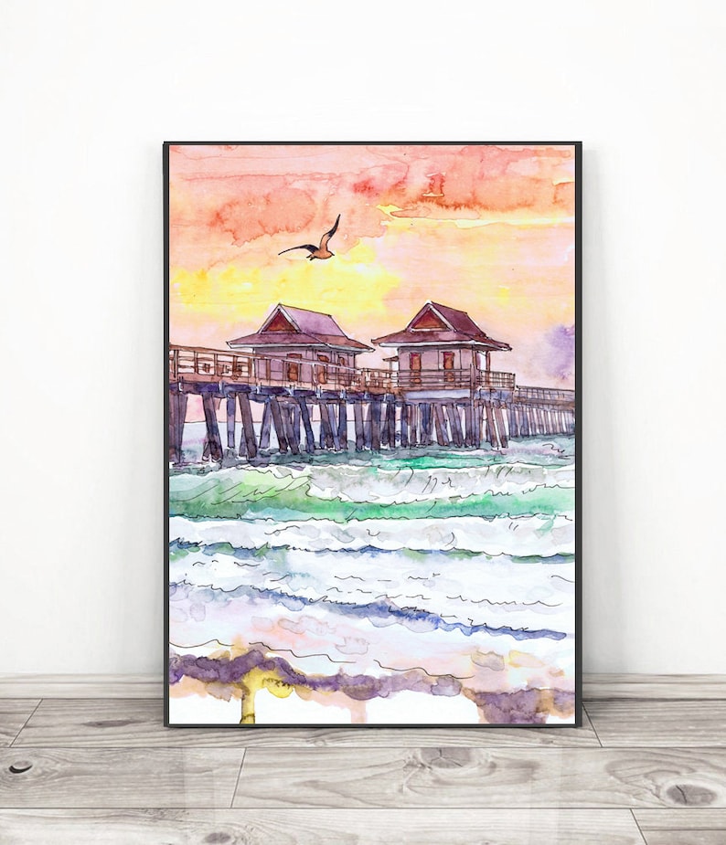 Naples Florida Art Beach Pier Sunset Seascape Print - Etsy