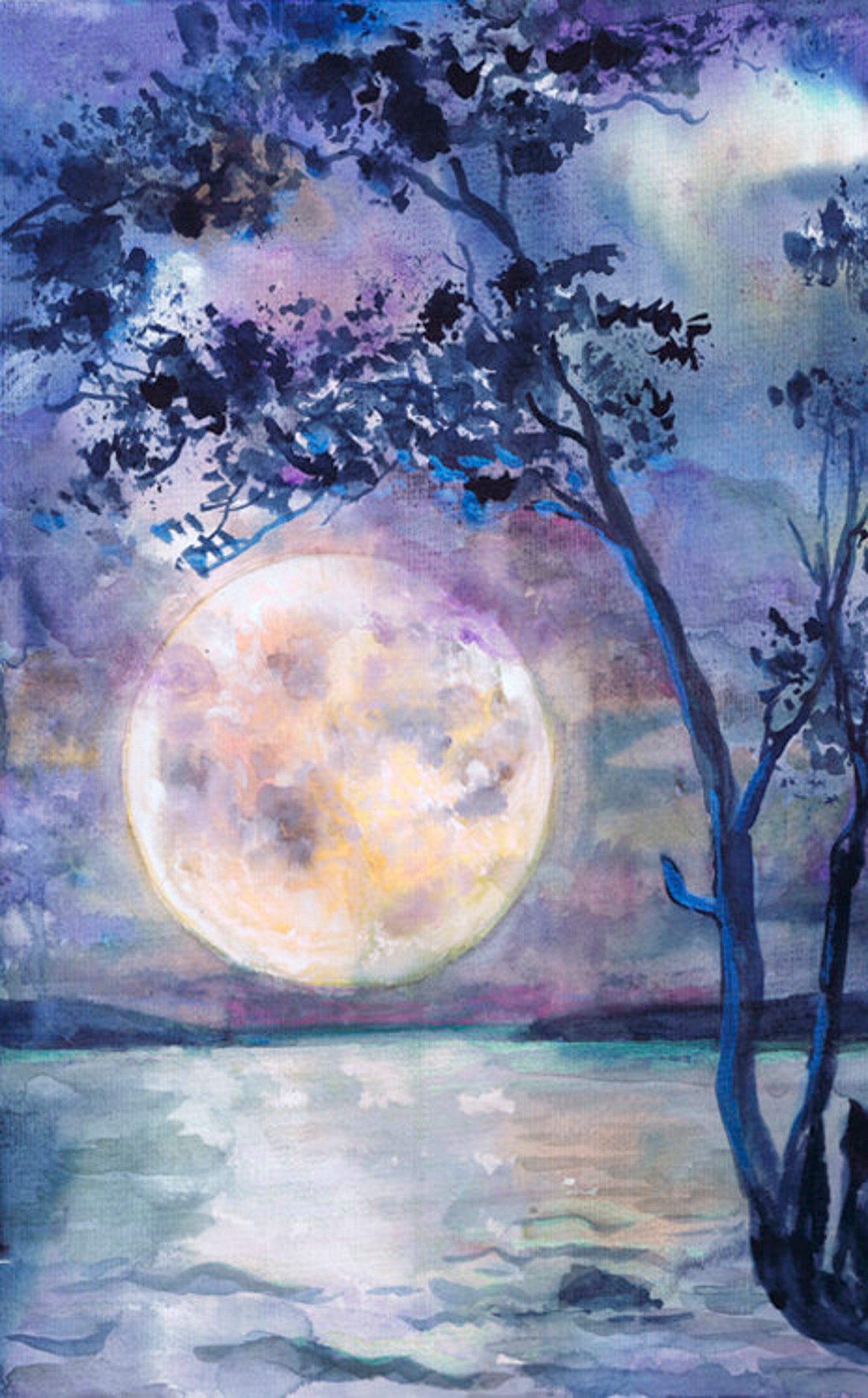 Moon Painting Watercolor, Night Sky Print, Full Moon Decor Art by ...