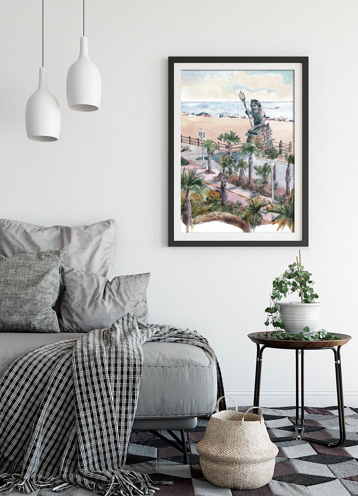 Virginia Beach Print Coastal Wall Art, King Neptune Statue Watercolor ...