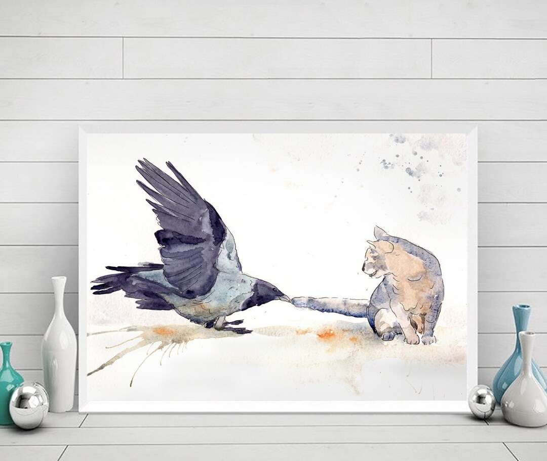 Crow and Cat Art Print Watercolor Art Work, Cute Wall Art Painting ...