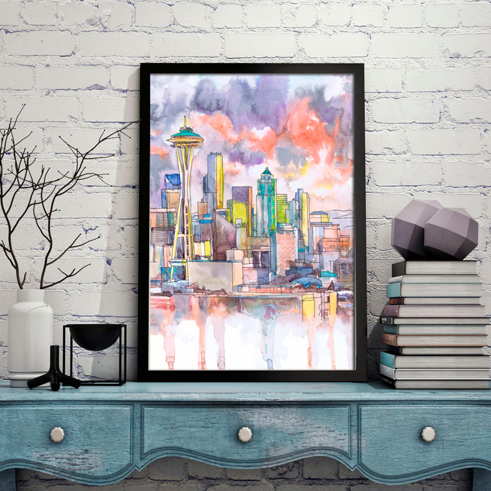 Seattle Wall Art Skyline Watercolor Painting Print Landscape - Etsy