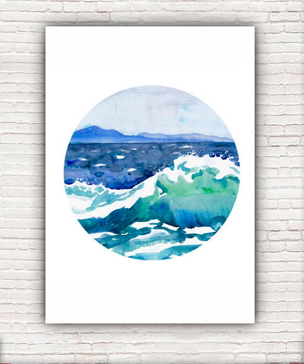 Ocean Painting Circle Art Wave Watercolor Landscape Abstract | Etsy