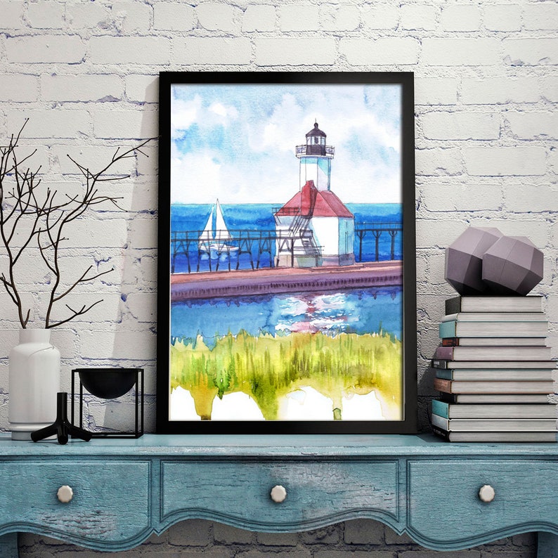 Lighthouse Painting Lake Michigan Art Print St Joseph North - Etsy