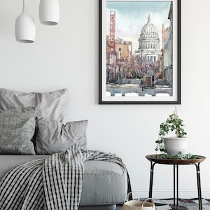 Madison Wi Art Print Skyline Wisconsin Wall Art, Cityscape Watercolor ...