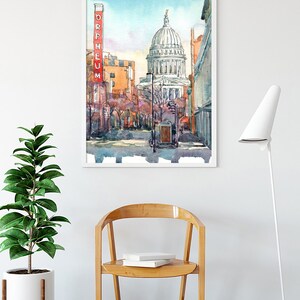 Madison Wi Art Print Skyline Wisconsin Wall Art, Cityscape Watercolor ...
