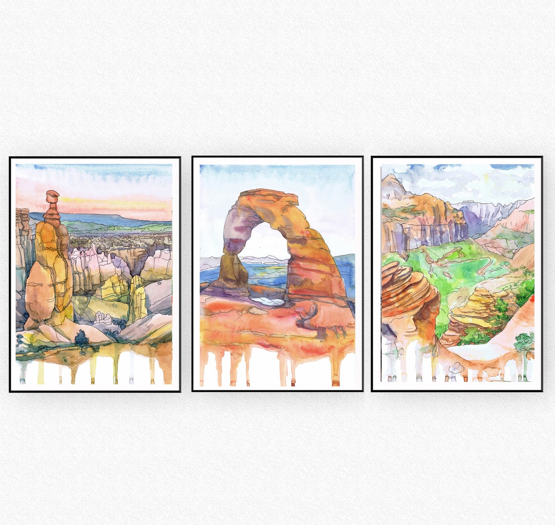 Utah National Park Set of 3 Prints Watercolor Painting - Zion, Arches ...