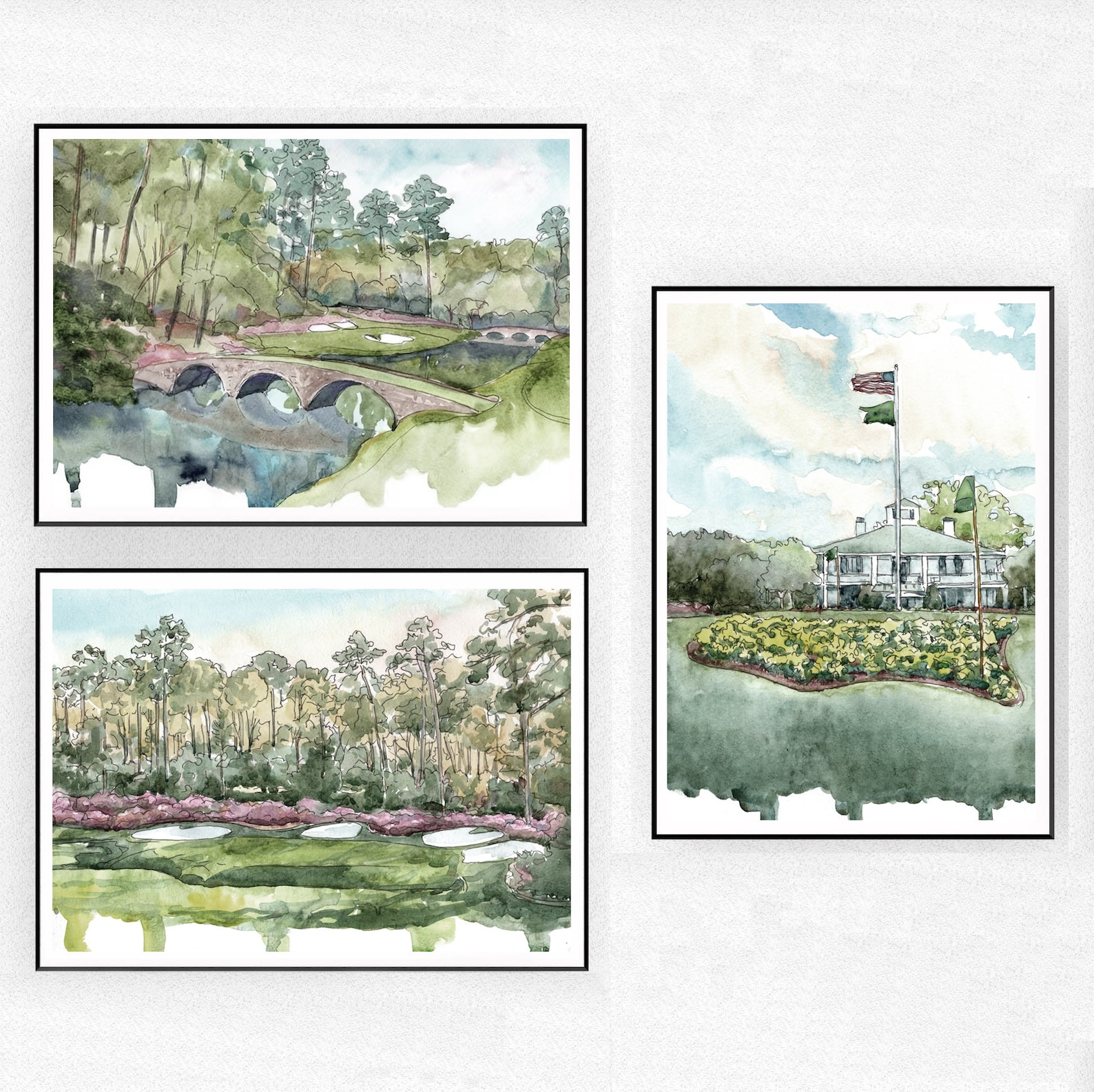 Augusta Golf Art Set of 3 Prints, Golf Club Watercolor Painting, Golf ...