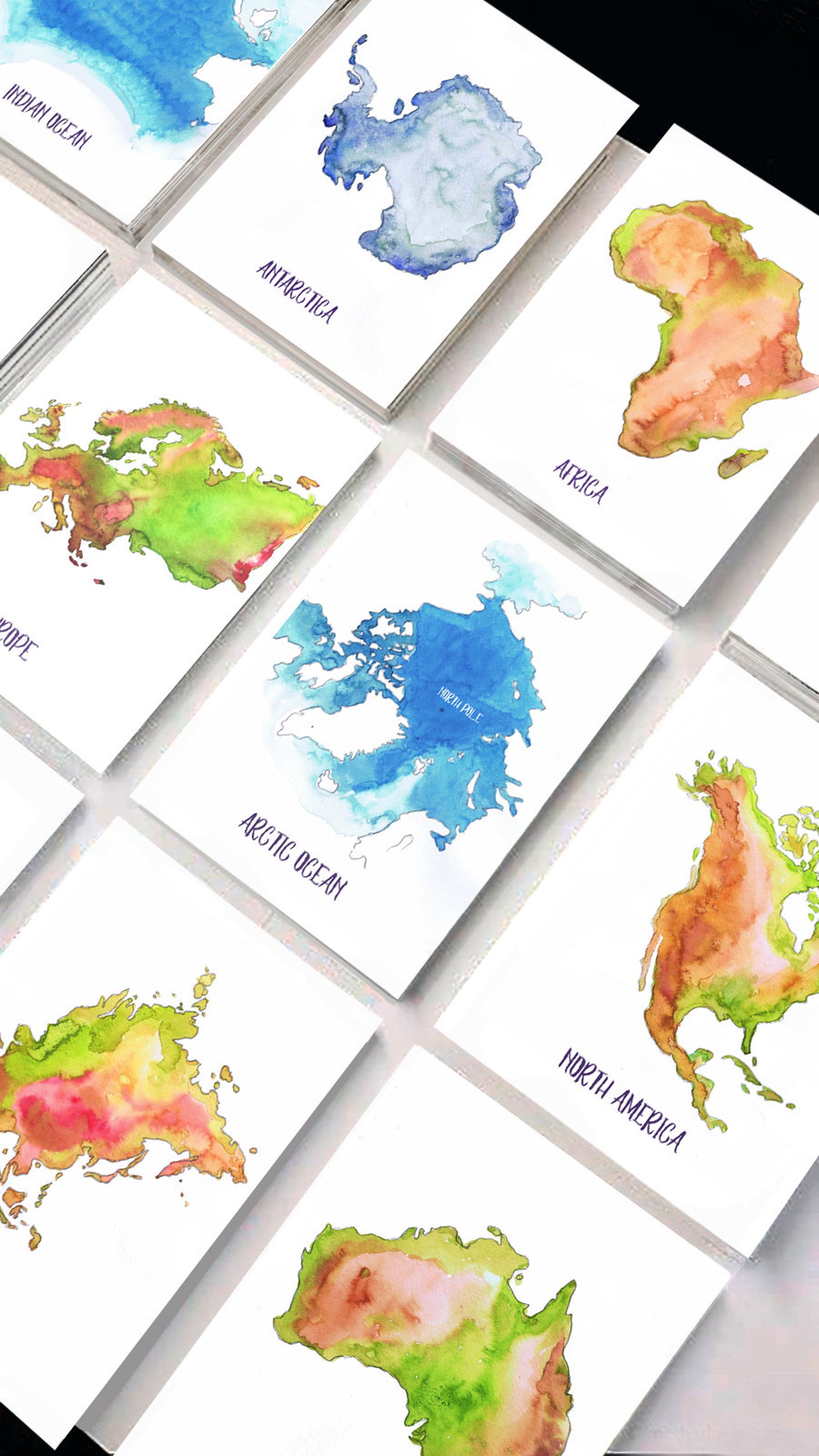 Continents and Oceans Homeschool Chart Cards 13 Watercolor - Etsy