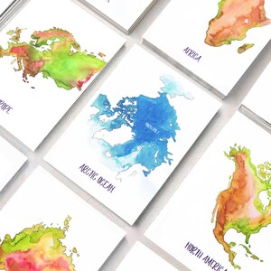 Continents and Oceans Homeschool Chart Cards, 13 Watercolor Educational ...