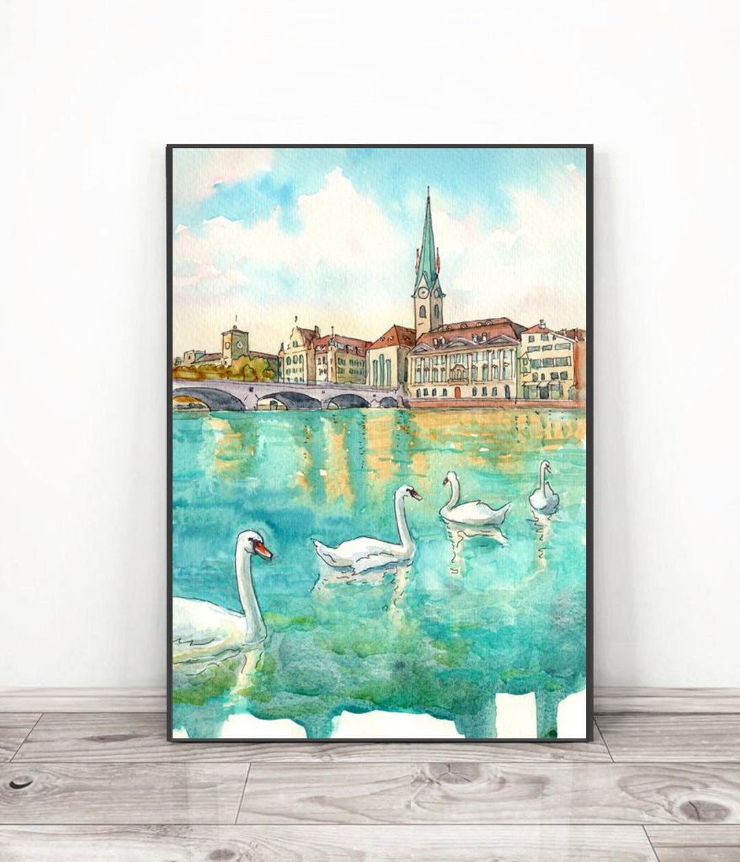 Zurich - Switzerland Art European City Print, Swan Lake Mountain Wall ...