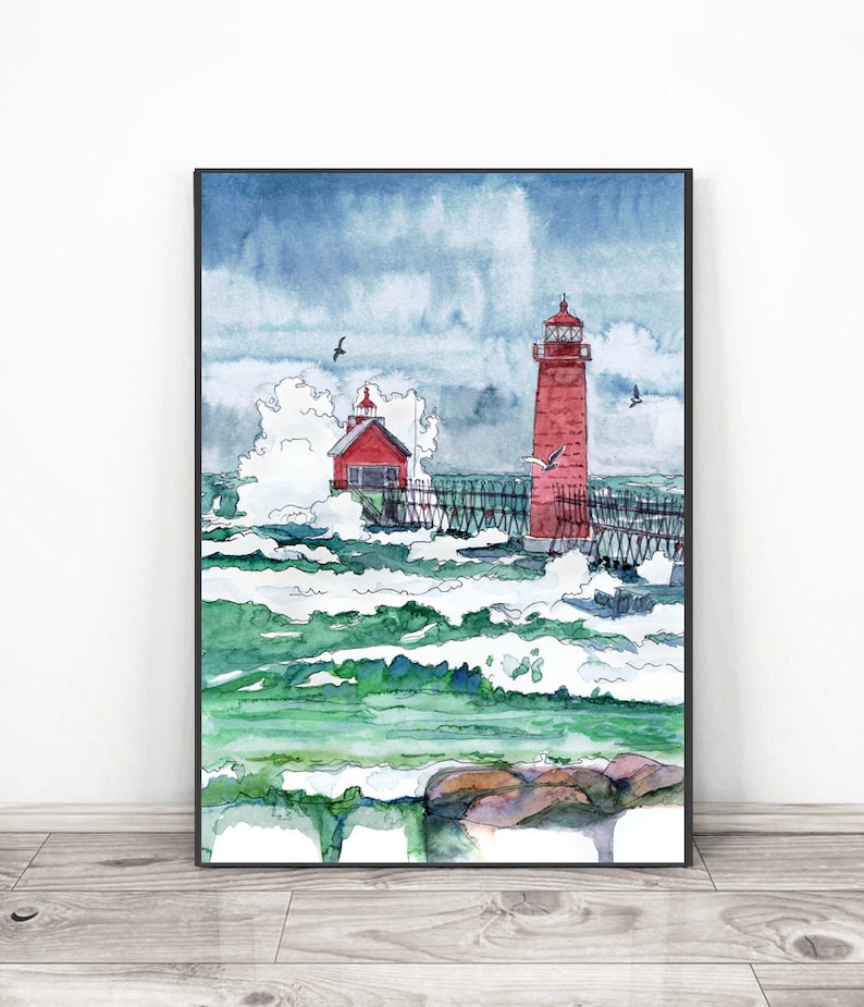 Lake Michigan Art Grand Haven Lighthouse Watercolor Painting | Etsy