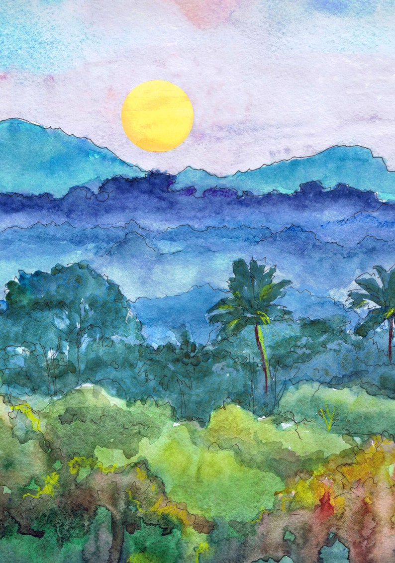 Costa Rica Art Sunset Landscape Watercolor Painting Palm | Etsy