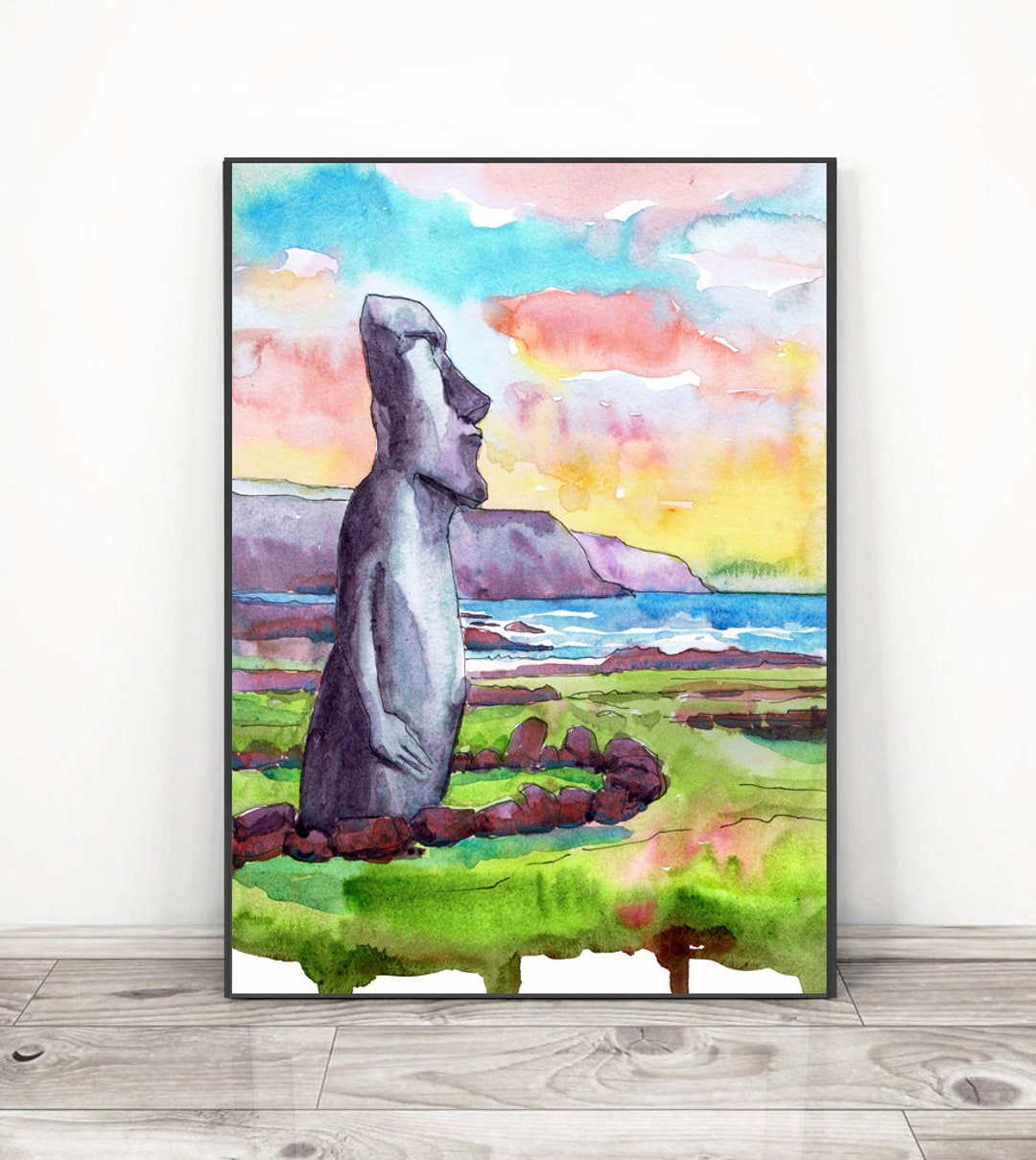 Easter Island Art Print Chile Painting, Coastal Wall Art Watercolor ...