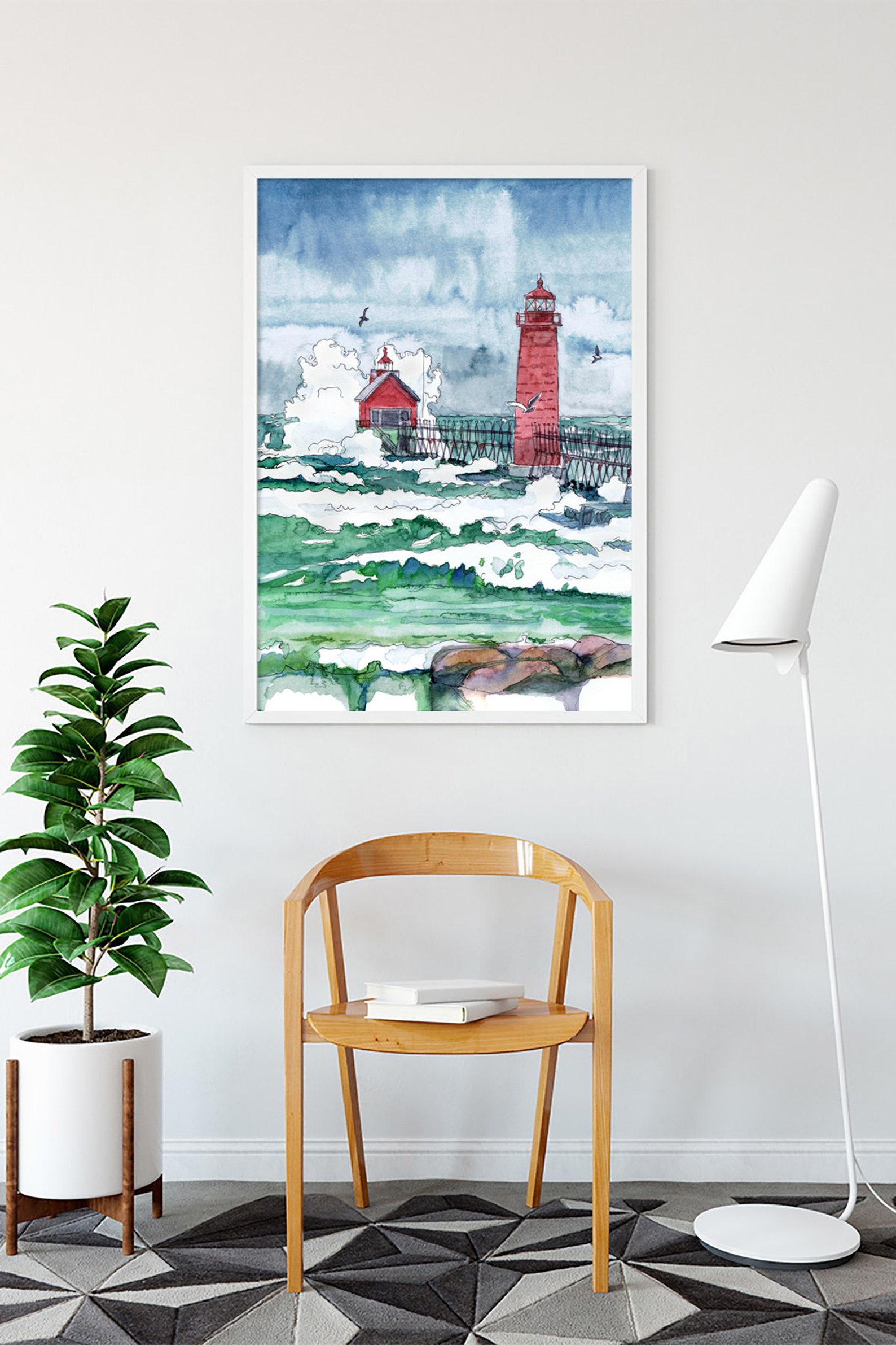 Lake Michigan Art Grand Haven Lighthouse Watercolor Painting | Etsy