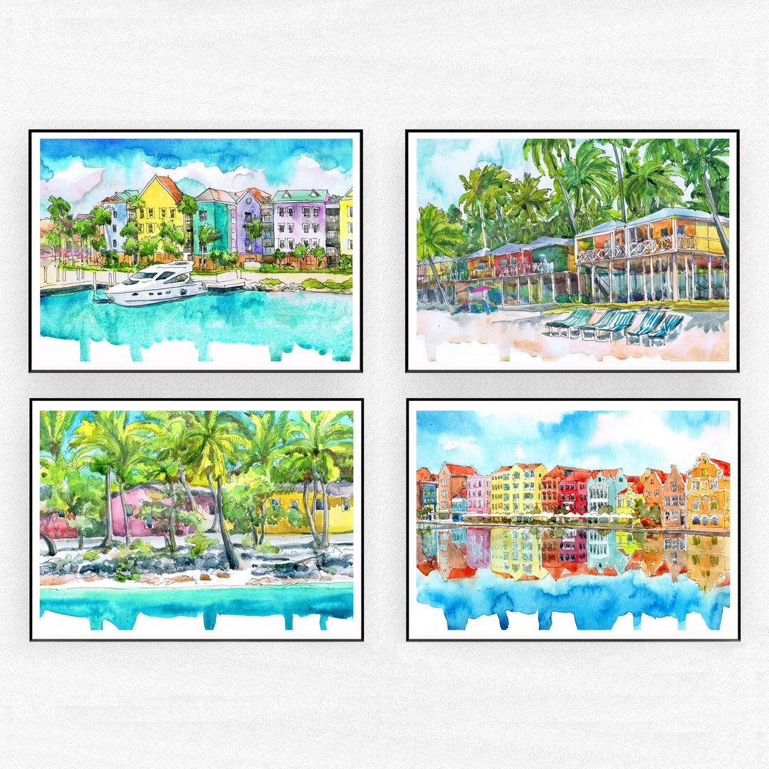 Caribbean Art Print Set of 4 Painting, Palm Tree Beach Wall Art ...