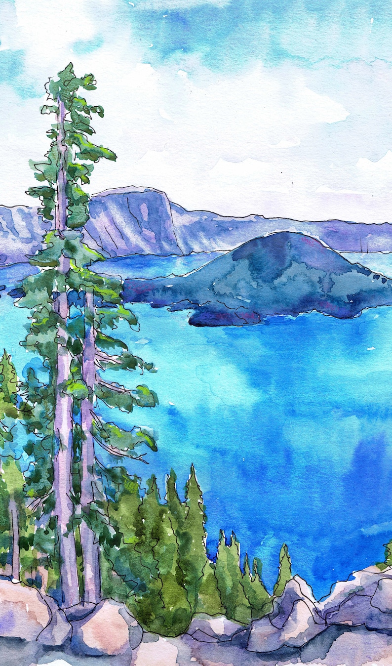 Crater Lake Oregon National Park Art Watercolor Painting Travel Poster ...