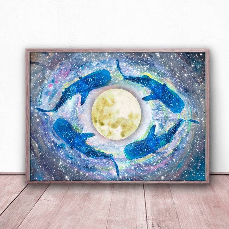 Whale Shark Art Moon Painting Watercolor Space Eye of God - Etsy