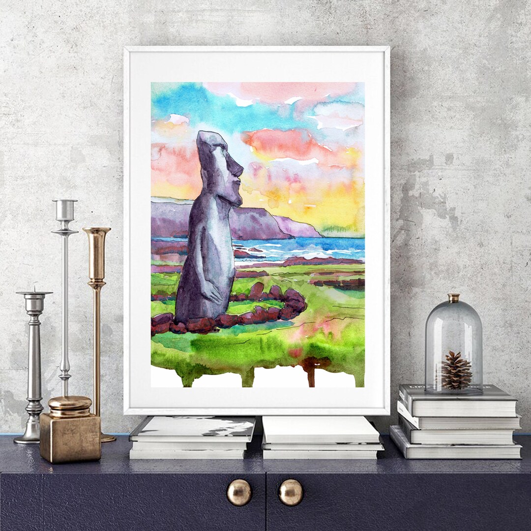 Easter Island Art Chile Painting, Coastal Wall Art Print Watercolor ...