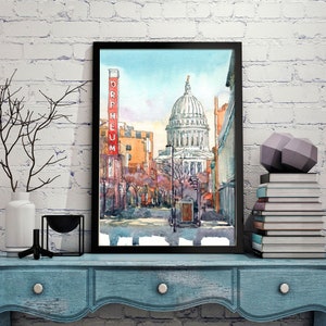 Madison Wi Art Print Skyline Wisconsin Wall Art, Cityscape Watercolor ...