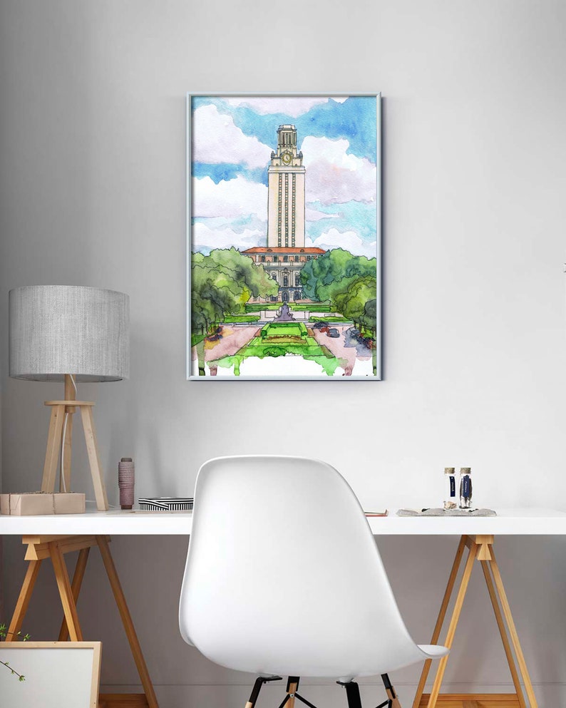University of Texas Tower Art Austin Skyline Watercolor - Etsy