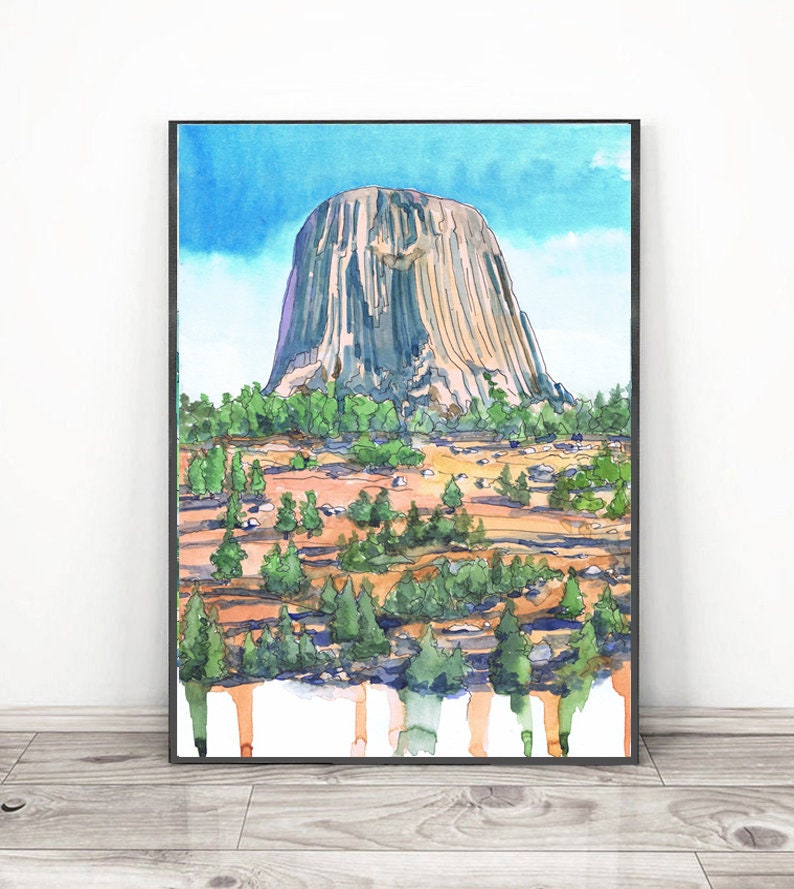 Devils Tower National monument print Wyoming Art Watercolor | Etsy