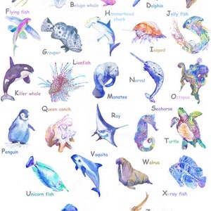 Sea Creatures Alphabet Poster ABC Animals Watercolor Alphabet Nursery ...